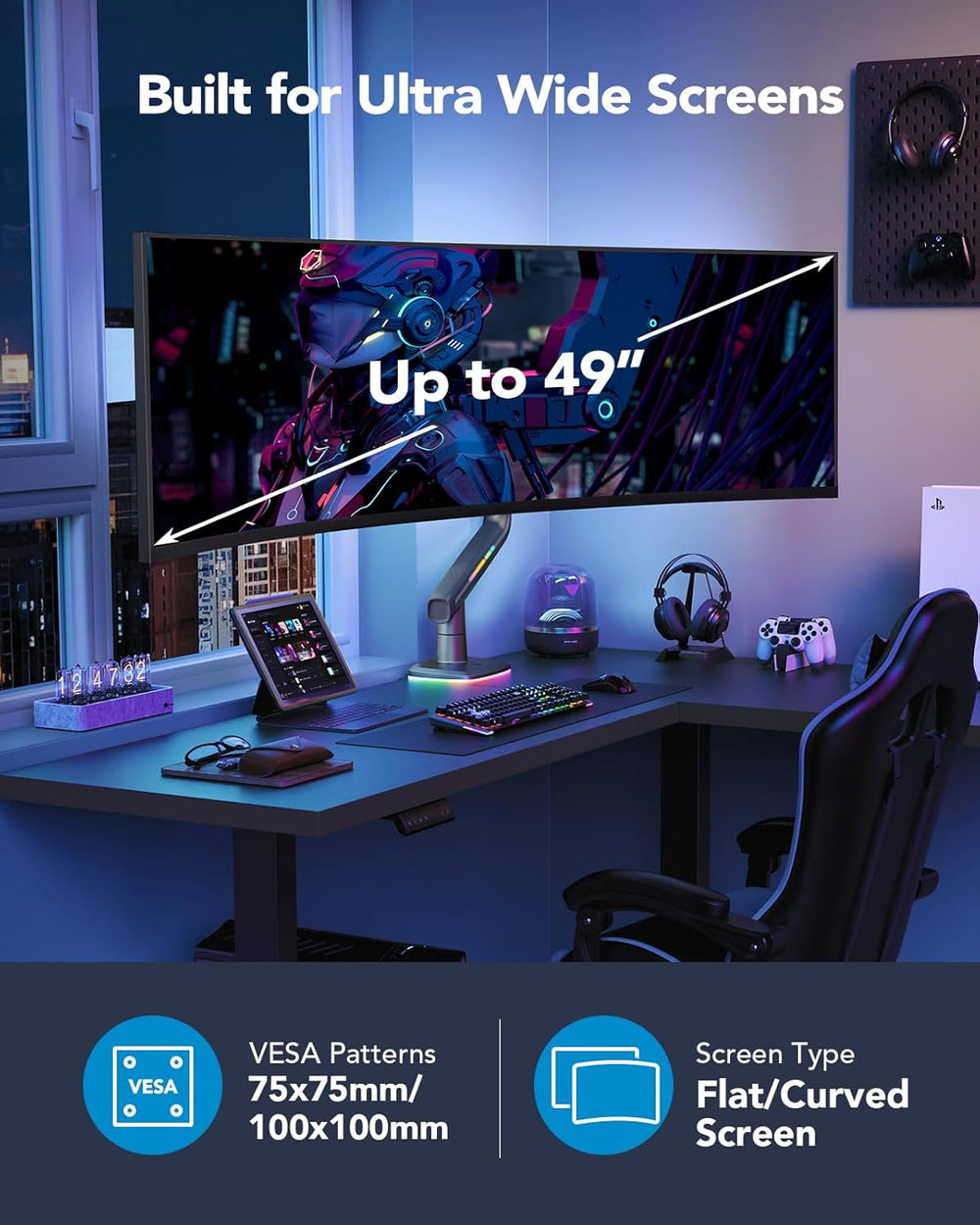 HUANUO SS43 Single Monitor Arm with RGB – Heavy-Duty Mount for 27''–49 ...