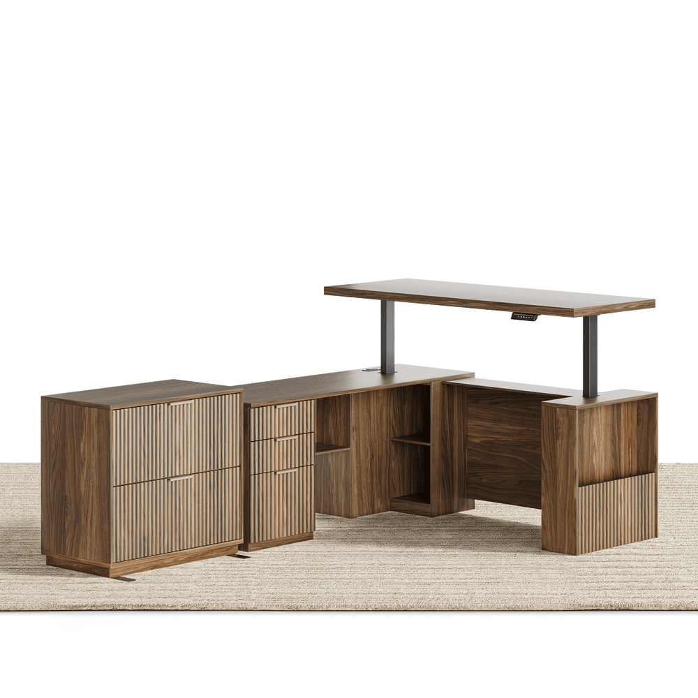 63" Desk · L-shaped + 2-Drawer File Cabinet / Fluted - Dark Walnut – HUANUO