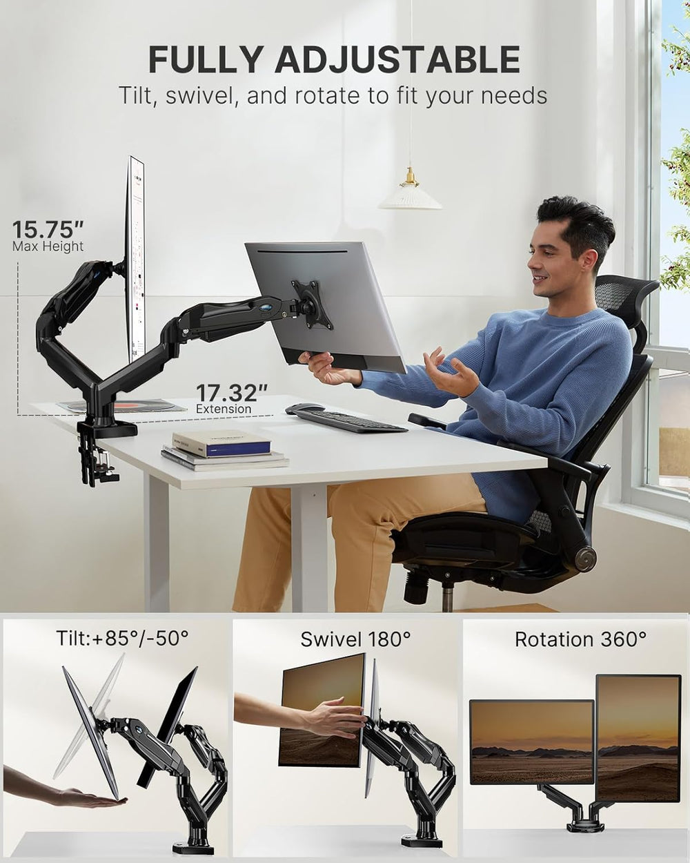 Dual Monitor Mount | 13-30" Screens | Ergonomic Flexibility – HUANUO